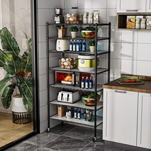 pouseayar 7 Tier NSF Metal Shelf Wire Shelving Unit, 2450lbs Capacity Heavy Duty Adjustable Storage Rack with Wheels & Shelf Liners for Closet Kitchen Garage Basement, 82" H x 48" L x 18" D - Black