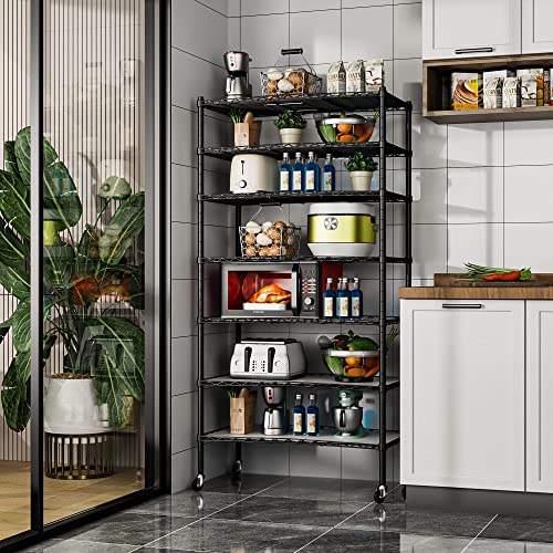 pouseayar 7 Tier NSF Metal Shelf Wire Shelving Unit, 2450lbs Capacity Heavy Duty Adjustable Storage Rack with Wheels & Shelf Liners for Closet Kitchen Garage Basement, 82" H x 48" L x 18" D - Black