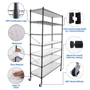 pouseayar 7 Tier NSF Metal Shelf Wire Shelving Unit, 2450lbs Capacity Heavy Duty Adjustable Storage Rack with Wheels & Shelf Liners for Closet Kitchen Garage Basement, 82" H x 48" L x 18" D - Black