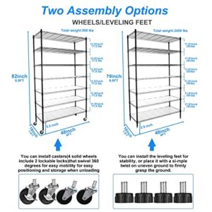 pouseayar 7 Tier NSF Metal Shelf Wire Shelving Unit, 2450lbs Capacity Heavy Duty Adjustable Storage Rack with Wheels & Shelf Liners for Closet Kitchen Garage Basement, 82" H x 48" L x 18" D - Black