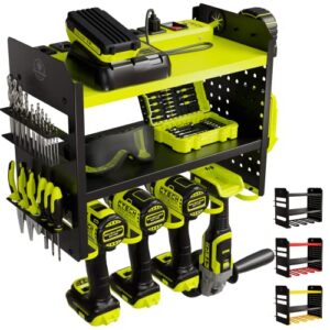 builtstrong power tool organizer wall mount - 3-tier heavy-duty metal hand tool storage rack, utility racks, drill holder, pegboard side, & more - garage storage cordless tool organizer (green)