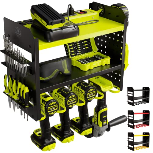 BUILTSTRONG Power Tool Organizer Wall Mount - 3-Tier Heavy-Duty Metal Hand Tool Storage Rack, Utility Racks, Drill Holder, PegBoard Side, & More - Garage Storage Cordless Tool Organizer (Green)