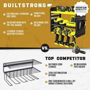 BUILTSTRONG Power Tool Organizer Wall Mount - 3-Tier Heavy-Duty Metal Hand Tool Storage Rack, Utility Racks, Drill Holder, PegBoard Side, & More - Garage Storage Cordless Tool Organizer (Green)