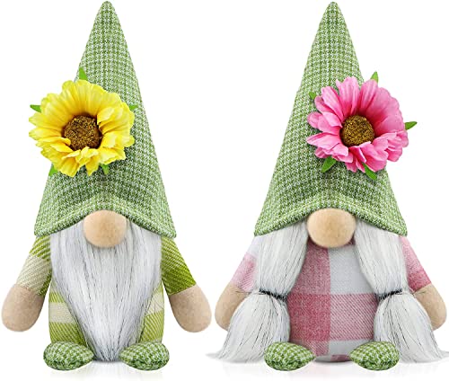 Godeufe Set of 2 Summer Gnomes Plush Flowers Spring Decorations Gift Handmade Elf Dwarf Figurines for Home Kitchen Farmhouse Tiered Tray Holiday Festival Party Scandinavian Tomte (Green)