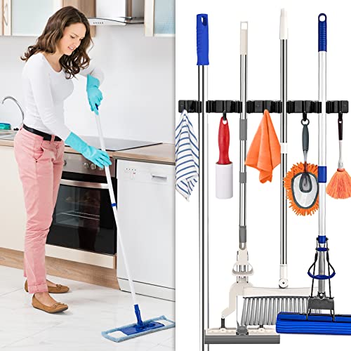 Piyl Broom Mop Holder Wall Mount Broom Hanger Wall Mounted Metal Organization Garage Storage Garden Kitchen Tool Organizer With 4 Racks and 5 Hooks