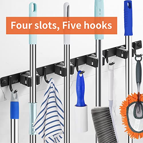 Piyl Broom Mop Holder Wall Mount Broom Hanger Wall Mounted Metal Organization Garage Storage Garden Kitchen Tool Organizer With 4 Racks and 5 Hooks