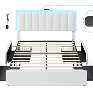 DICTAC Queen Bed Frame with 4 Drawers and USB Ports Modern Upholstered Platform LED Bed Frame with Storage Drawers and LED Lights Headboard,Faux Leather,No Box Spring Needed, Easy Assembly,White