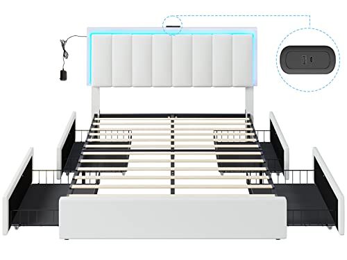 DICTAC Queen Bed Frame with 4 Drawers and USB Ports Modern Upholstered Platform LED Bed Frame with Storage Drawers and LED Lights Headboard,Faux Leather,No Box Spring Needed, Easy Assembly,White