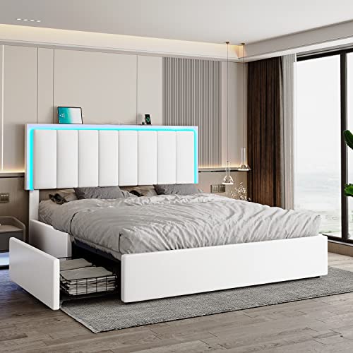 DICTAC Queen Bed Frame with 4 Drawers and USB Ports Modern Upholstered Platform LED Bed Frame with Storage Drawers and LED Lights Headboard,Faux Leather,No Box Spring Needed, Easy Assembly,White