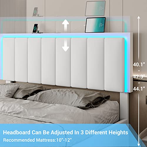 DICTAC Queen Bed Frame with 4 Drawers and USB Ports Modern Upholstered Platform LED Bed Frame with Storage Drawers and LED Lights Headboard,Faux Leather,No Box Spring Needed, Easy Assembly,White