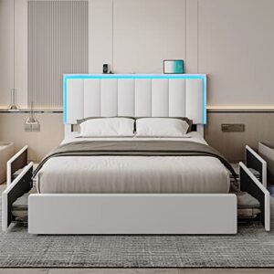 DICTAC Queen Bed Frame with 4 Drawers and USB Ports Modern Upholstered Platform LED Bed Frame with Storage Drawers and LED Lights Headboard,Faux Leather,No Box Spring Needed, Easy Assembly,White