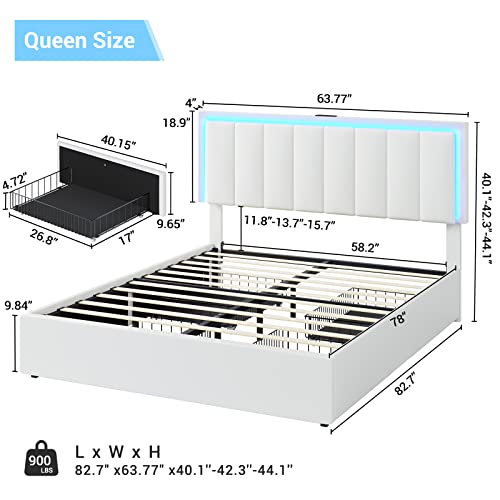 DICTAC Queen Bed Frame with 4 Drawers and USB Ports Modern Upholstered Platform LED Bed Frame with Storage Drawers and LED Lights Headboard,Faux Leather,No Box Spring Needed, Easy Assembly,White