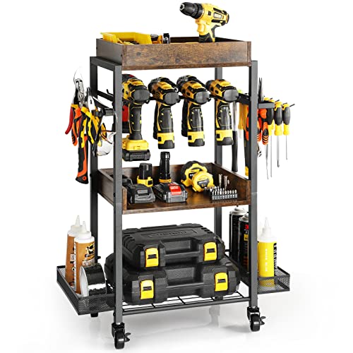 Power Tool Organizer Garage Storage Organization Shelving Tool Holder Drill Rack Shelf Rolling Tool Cart Open Tool Chest Cabinet Box Organizer with Wheels Workshop Garage Gift Ideas for Men Dad