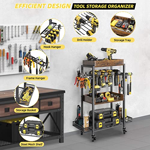 Power Tool Organizer Garage Storage Organization Shelving Tool Holder Drill Rack Shelf Rolling Tool Cart Open Tool Chest Cabinet Box Organizer with Wheels Workshop Garage Gift Ideas for Men Dad