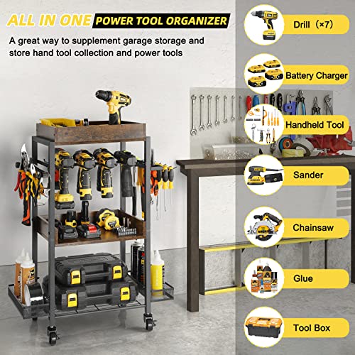 Power Tool Organizer Garage Storage Organization Shelving Tool Holder Drill Rack Shelf Rolling Tool Cart Open Tool Chest Cabinet Box Organizer with Wheels Workshop Garage Gift Ideas for Men Dad