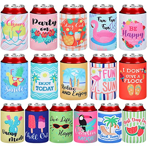 16 Pcs Beer Can Sleeves Neoprene Can Cooler Sleeves Funny Can Cover Insulated Beach Themed Beer Sleeve for Beverages Soda Bottles Summer Party Favors