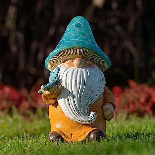 EPTUEGA Garden Gnome Statue - 9.56'' Resin Gnome Figurine，Blue Mushroom Head with Solar LED Lights, Outdoor Decorations Art Sculpture for Patio Yard Lawn Garden Decor Lawn Ornaments Gnomes Gifts