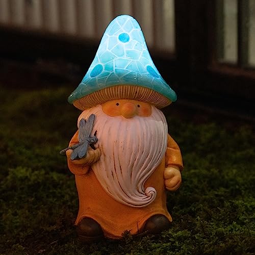 EPTUEGA Garden Gnome Statue - 9.56'' Resin Gnome Figurine，Blue Mushroom Head with Solar LED Lights, Outdoor Decorations Art Sculpture for Patio Yard Lawn Garden Decor Lawn Ornaments Gnomes Gifts