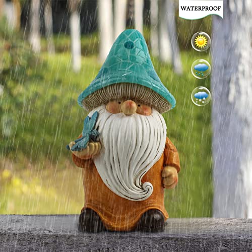 EPTUEGA Garden Gnome Statue - 9.56'' Resin Gnome Figurine，Blue Mushroom Head with Solar LED Lights, Outdoor Decorations Art Sculpture for Patio Yard Lawn Garden Decor Lawn Ornaments Gnomes Gifts