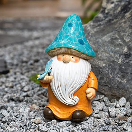 EPTUEGA Garden Gnome Statue - 9.56'' Resin Gnome Figurine，Blue Mushroom Head with Solar LED Lights, Outdoor Decorations Art Sculpture for Patio Yard Lawn Garden Decor Lawn Ornaments Gnomes Gifts