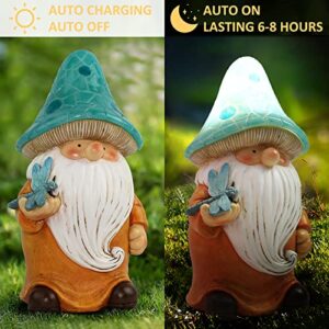 EPTUEGA Garden Gnome Statue - 9.56'' Resin Gnome Figurine，Blue Mushroom Head with Solar LED Lights, Outdoor Decorations Art Sculpture for Patio Yard Lawn Garden Decor Lawn Ornaments Gnomes Gifts