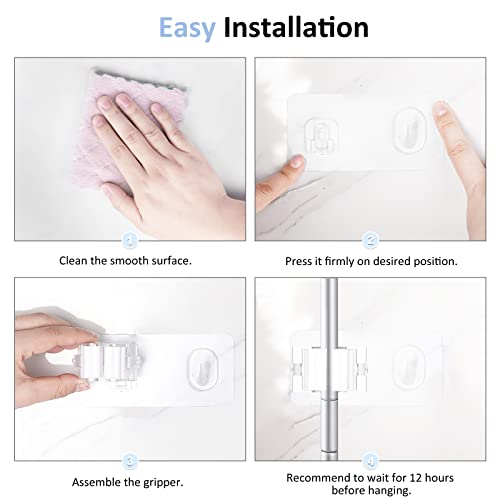 MEILIDY Broom and Mop Gripper, Clear Self Adhesive Mop Broom Holder Wall Mounted No Drilling Heavy Duty Cleaning Supplies Tools Storage Organizer for Laundry Bathroom Kitchen Garden Garage - 4 Pcs