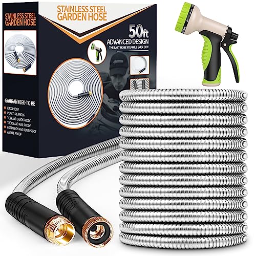 Unywarse Metal Garden Hose 50ft, Stainless Steel Heavy Duty Water Hose with 10 Function Nozzle Flexible, Lightweight, Kink Free & Tangle Free, Pet Proof, Puncture Proof Hose for Yard, Outdoor