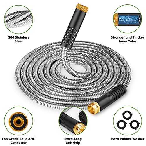 Unywarse Metal Garden Hose 50ft, Stainless Steel Heavy Duty Water Hose with 10 Function Nozzle Flexible, Lightweight, Kink Free & Tangle Free, Pet Proof, Puncture Proof Hose for Yard, Outdoor