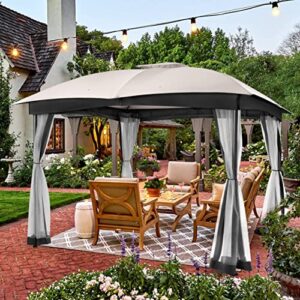 gazebo for patio, fab based 10x12 gazebo, double vent canopy gazebo, outdoor gazebo with privacy netting, easy setup patio pavilion with steel frame strong legs for lawn, backyard, deck (ash grey)