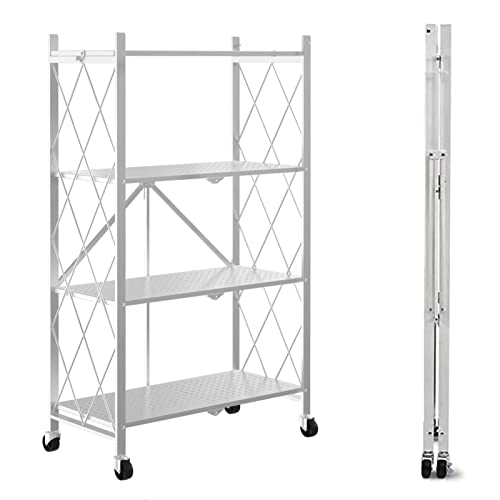 4-Shelf Foldable Storage Shelves with Wheels, Metal Shelves Heavy Duty Large Capacity Storage Shelving Unit, No Assembly, for Garage Kitchen, Warehouse, Closet, Basement and Pantry (White, 4 Tier)