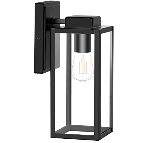 Large Size Outdoor Wall Lantern 16 Inch, Waterproof Exterior Wall Sconce Light Fixture, Anti-Rust Wall Mount Light with Clear Glass Shade, Matte Black Wall Lamp with E26 Socket for Porch, Front Door