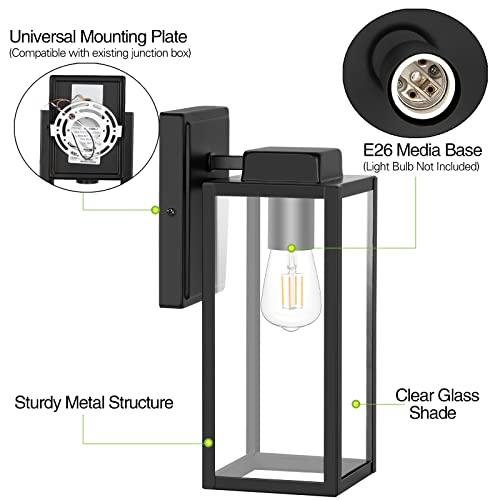 Large Size Outdoor Wall Lantern 16 Inch, Waterproof Exterior Wall Sconce Light Fixture, Anti-Rust Wall Mount Light with Clear Glass Shade, Matte Black Wall Lamp with E26 Socket for Porch, Front Door