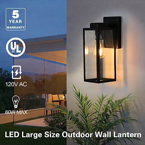 Large Size Outdoor Wall Lantern 16 Inch, Waterproof Exterior Wall Sconce Light Fixture, Anti-Rust Wall Mount Light with Clear Glass Shade, Matte Black Wall Lamp with E26 Socket for Porch, Front Door