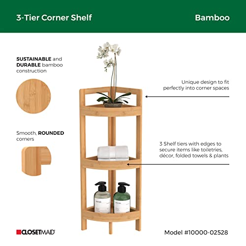 ClosetMaid Corner Shelf, 3 Tiers with Display Shelves, Floor Standing Bookshelf, Small Space Shelving Unit, Plant Stand, Bamboo Wood