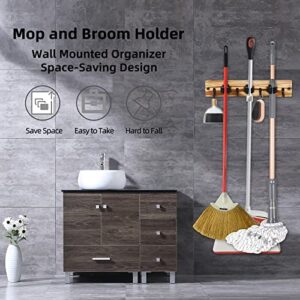 Mop and Broom Holder Wall Mount,3 Racks 4 Hooks Solid Wood Broom Organizer, Heavy Duty Broom Hanger for Home, Kitchen, Garage,Laundry,Closet, Garden Tools Storage - Wall Holder For Broom,Mop Handle