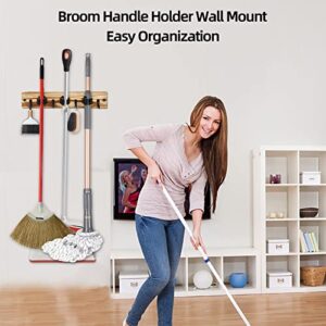 Mop and Broom Holder Wall Mount,3 Racks 4 Hooks Solid Wood Broom Organizer, Heavy Duty Broom Hanger for Home, Kitchen, Garage,Laundry,Closet, Garden Tools Storage - Wall Holder For Broom,Mop Handle