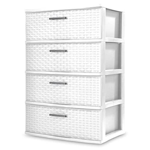 4 Drawer Wide Weave Tower White with Driftwood Handles,Organizer Storage Tower