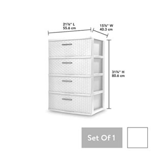 4 Drawer Wide Weave Tower White with Driftwood Handles,Organizer Storage Tower