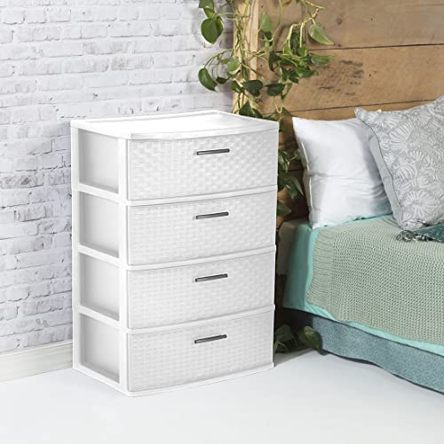 4 Drawer Wide Weave Tower White with Driftwood Handles,Organizer Storage Tower