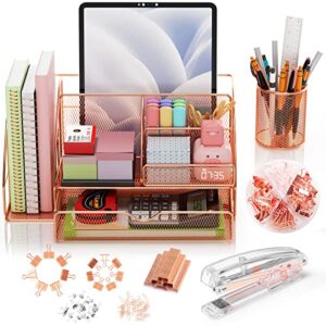 moomangoo rose gold office desk organizers and accessories with sliding drawer, pen holder, stapler, 6 compartments +72 clips set, office supplies mesh desktop file organizer for women home school