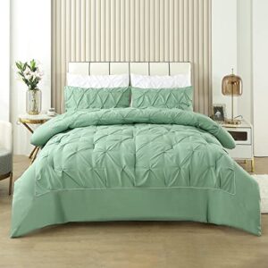 touchutopia king size comforter set, pinch pleat luxurious king bedding set, sage green comforter set ultra soft for all season (1 comforter, 2 pillowcases)