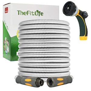 thefitlife flexible metal garden hose - 50 ft lightweight stainless steel water hose with solid fittings and sprayer nozzle - leak proof, kink free, anti-rust, large diameter, durable and easy storage