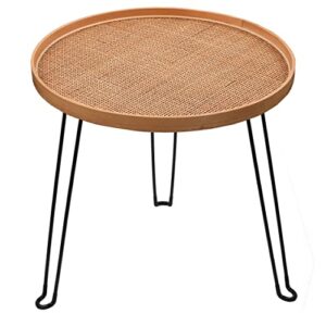 [PJ Collection] Round Wood and Rattan Side Table, Foldable Table with Metal Tripod, Rattan Round Tray Top, Boho Style, Chic Coffee Table, Side Table (Height 17.7", Grid Knit Pattern)