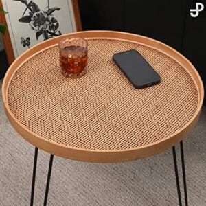 [PJ Collection] Round Wood and Rattan Side Table, Foldable Table with Metal Tripod, Rattan Round Tray Top, Boho Style, Chic Coffee Table, Side Table (Height 17.7", Grid Knit Pattern)