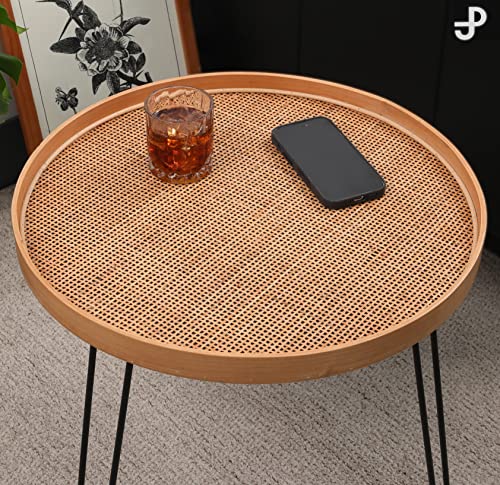 [PJ Collection] Round Wood and Rattan Side Table, Foldable Table with Metal Tripod, Rattan Round Tray Top, Boho Style, Chic Coffee Table, Side Table (Height 17.7", Grid Knit Pattern)