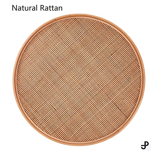 [PJ Collection] Round Wood and Rattan Side Table, Foldable Table with Metal Tripod, Rattan Round Tray Top, Boho Style, Chic Coffee Table, Side Table (Height 17.7", Grid Knit Pattern)