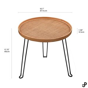 [PJ Collection] Round Wood and Rattan Side Table, Foldable Table with Metal Tripod, Rattan Round Tray Top, Boho Style, Chic Coffee Table, Side Table (Height 17.7", Grid Knit Pattern)