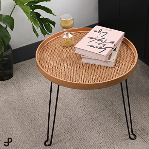 [PJ Collection] Round Wood and Rattan Side Table, Foldable Table with Metal Tripod, Rattan Round Tray Top, Boho Style, Chic Coffee Table, Side Table (Height 17.7", Grid Knit Pattern)