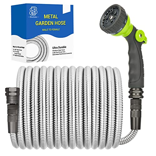 Bluebala Metal Garden Water Hose - 25FT Heavy Duty Stainless Steel Water Hose with 8-Mode Spray Nozzle, 3/4" Fittings, Reinforced Connector, Leak Proof, Puncture Resistant, No Kink, Lightweight Hose