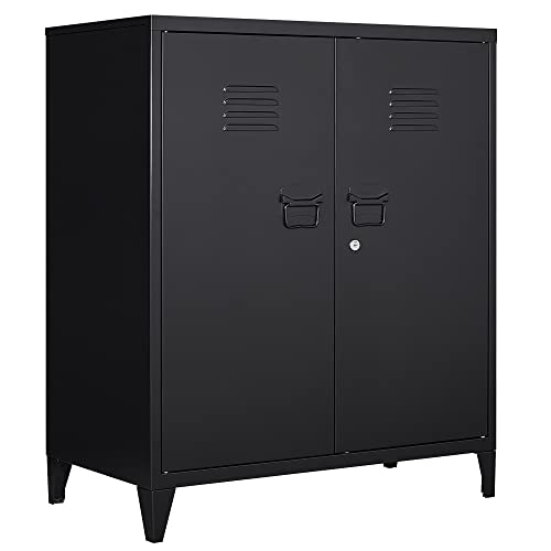 AFAIF Metal Storage Cabinet with Lock, Free Standing Office Cabinet with Doors and Shelves, Lockable Steel Locker Storage Cabinet Black Side Cabinets for Home, Office, Garage and Utility Room,Hallway